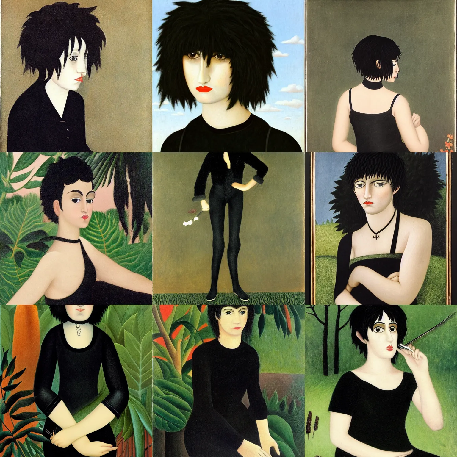 an emo by henri rousseau. her hair is dark brown and | Stable Diffusion | OpenArt