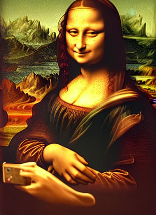 painting of Mona Lisa taking a selfie by Leonardo Da | Stable Diffusion ...