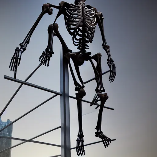 large human skeleton climbing side of a ( ( skyscraper | Stable ...
