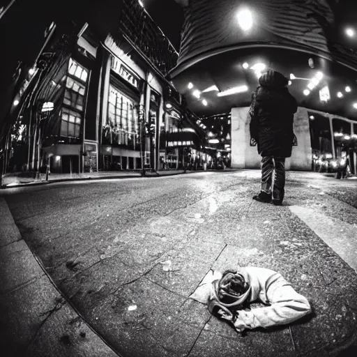 widest fish eye lens extremely close to homeless man's | Stable ...
