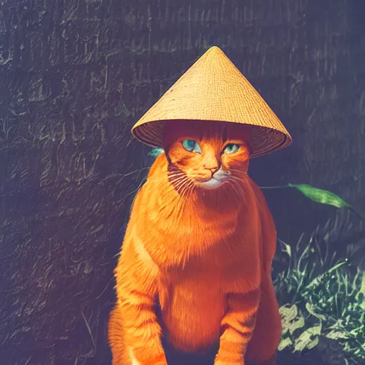 A portrait of a orange cat wearing a vietnamese straw | Stable ...