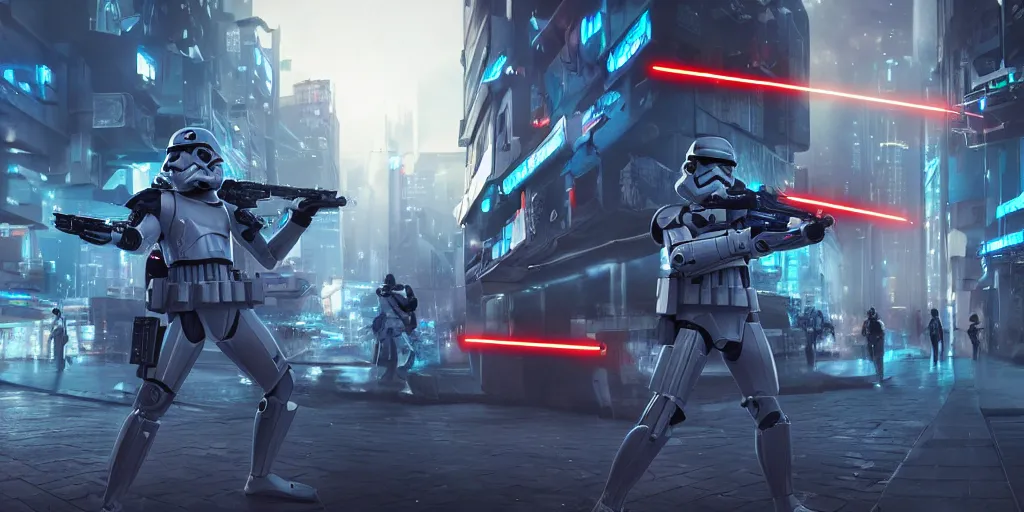 cyber soldier shooting a star wars gun in a cyberpunk | Stable ...