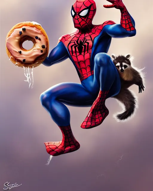 spiderman riding on a giant raccoon eating a donut | | | Stable ...