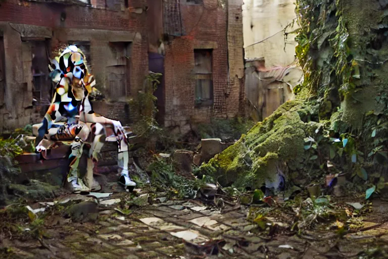 Broken cyborg girl sitting on old courtyard with mud | Stable Diffusion ...
