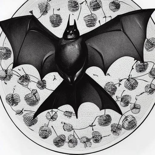 a bat sitting atop cubed cherries on a plate in a | Stable Diffusion ...