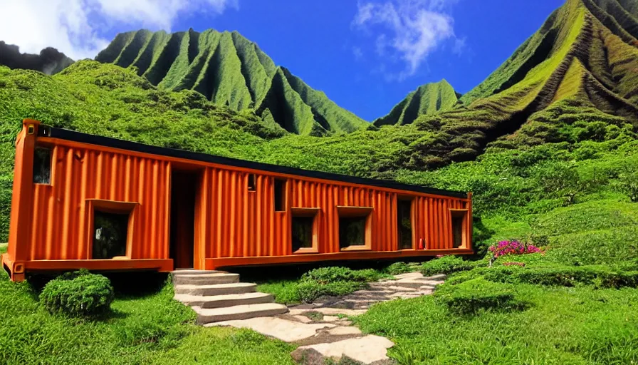 hobbit monastery on hawaii, shipping container | Stable Diffusion