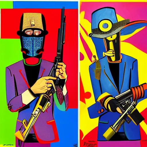 two portraits of a man with a gun and another man with | Stable ...