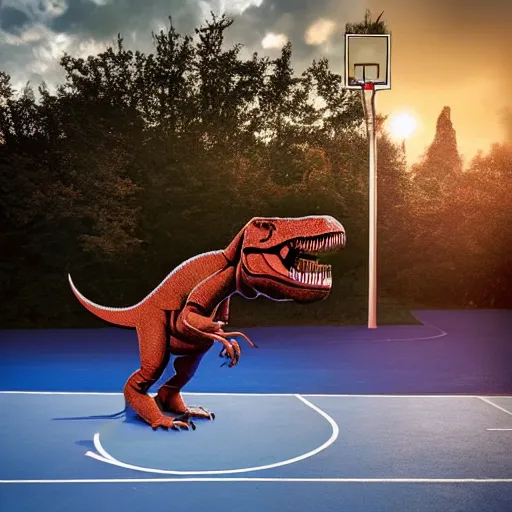 a t-rex sleeping in a basketball court, sunset | Stable Diffusion