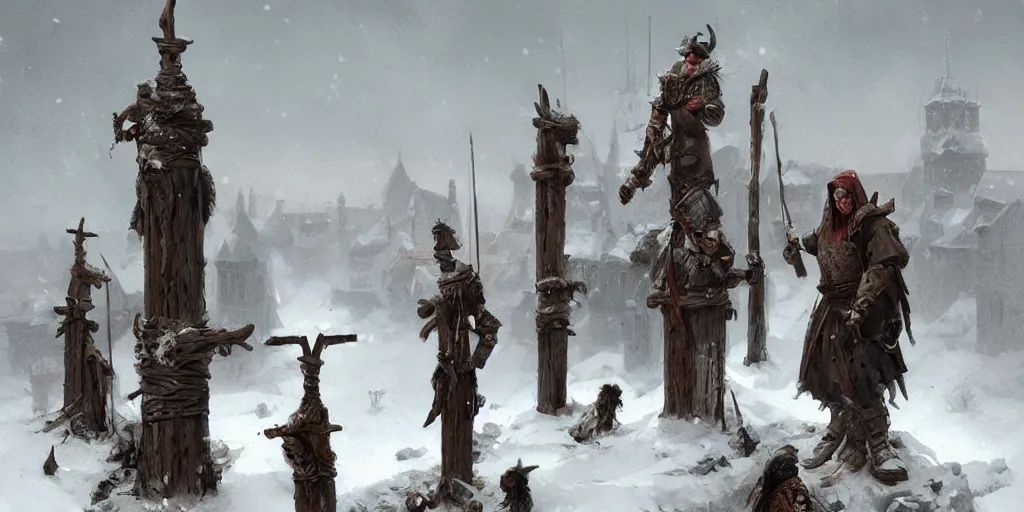 Several heads of decapitated villagers impaled on | Stable Diffusion