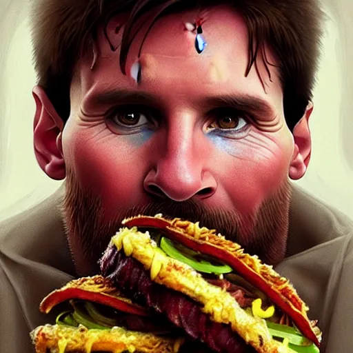 Lionel Messi eating a mammoth Wendy's baconator, | Stable Diffusion