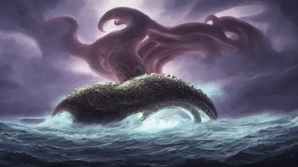 a fantasy book landscape of a massive kraken, small | Stable Diffusion ...