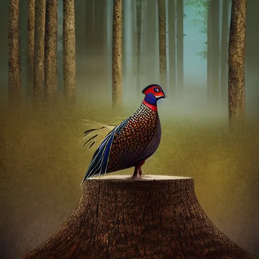 pheasant guard sits on a stump, in deep forest, by | Stable Diffusion | OpenArt
