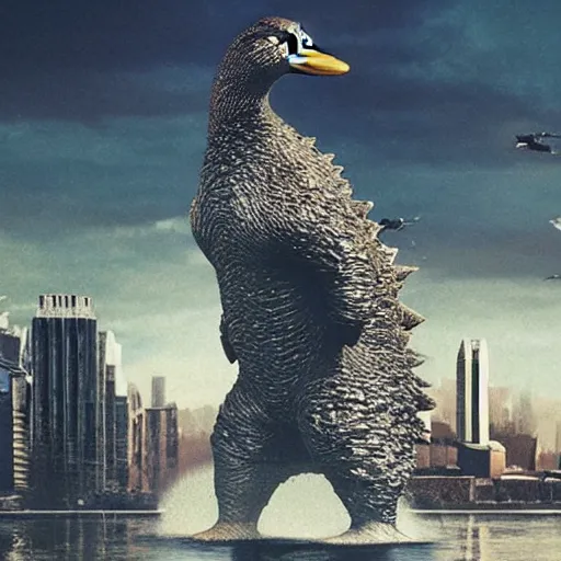 a giant duck destroying a city in the style of godzilla | Stable Diffusion