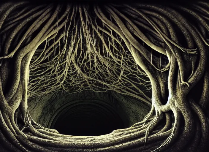 photo of roots growing down from a ceiling in an | Stable Diffusion ...