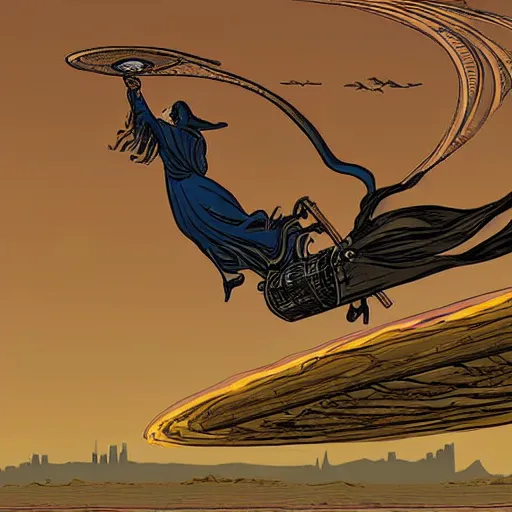 a wizard flying on a steampunk hover bike over a river | Stable ...
