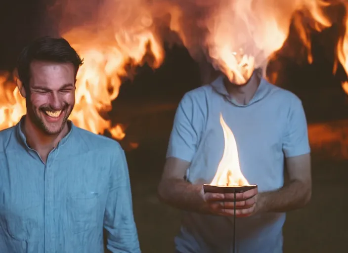 a man smiling while staring into a flame at night | Stable Diffusion ...