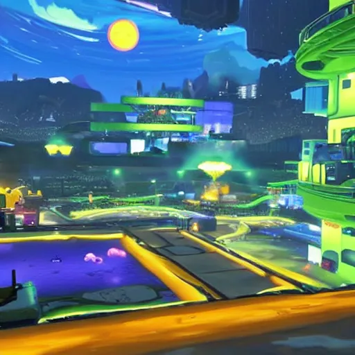 a landscape in the night of video game splatoon 3, | Stable Diffusion