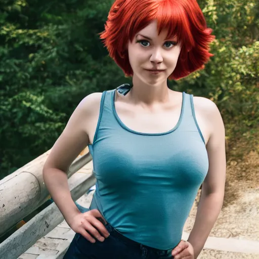 misty from pokemon as real person, 8 k photography | Stable Diffusion