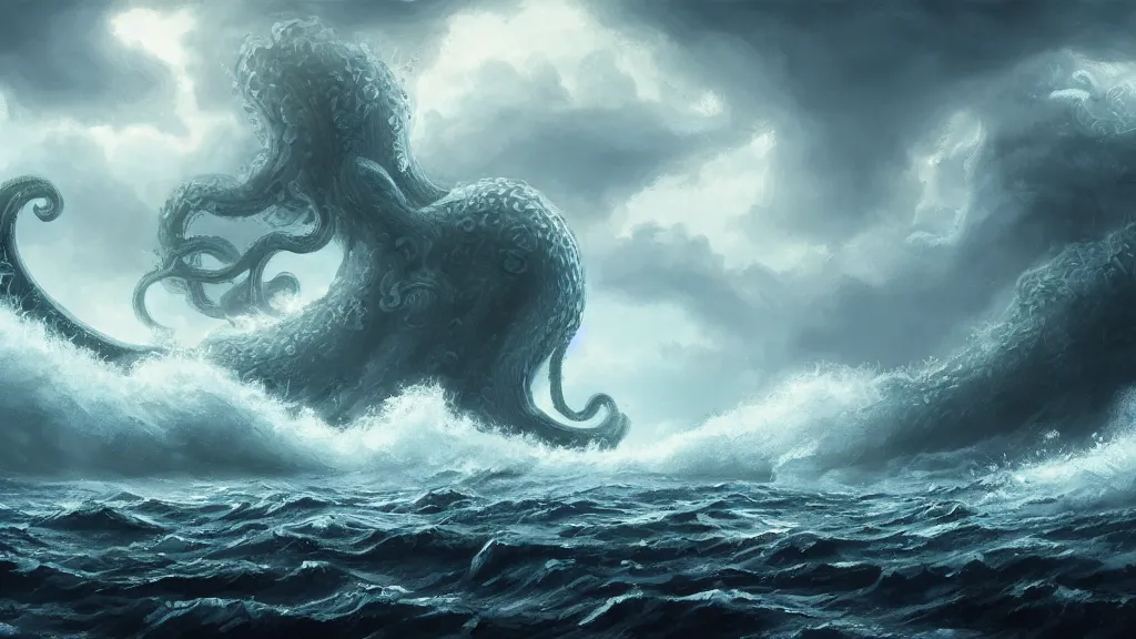 a fantasy book landscape of a massive kraken, small | Stable Diffusion ...