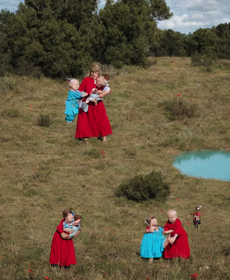 a woman playing with two babies in a dried out meadow, | Stable Diffusion | OpenArt
