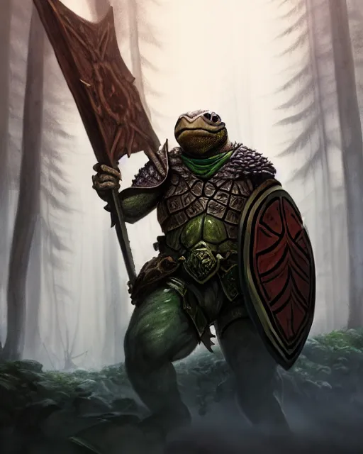 Turtle Warrior holding huge shield, forest background, | Stable Diffusion