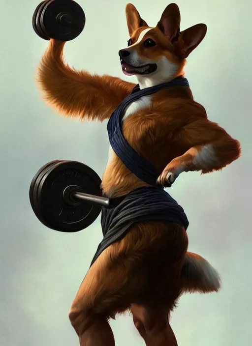 anthro corgi lifting weights, dim dingy gym, dynamic | Stable Diffusion ...