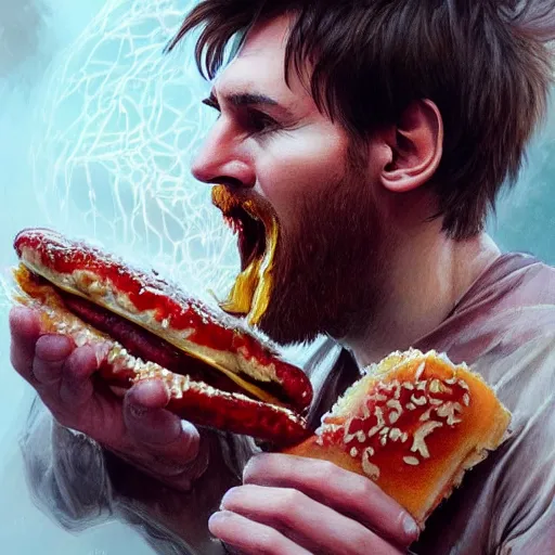 Lionel Messi eating a mammoth Wendy's baconator, | Stable Diffusion