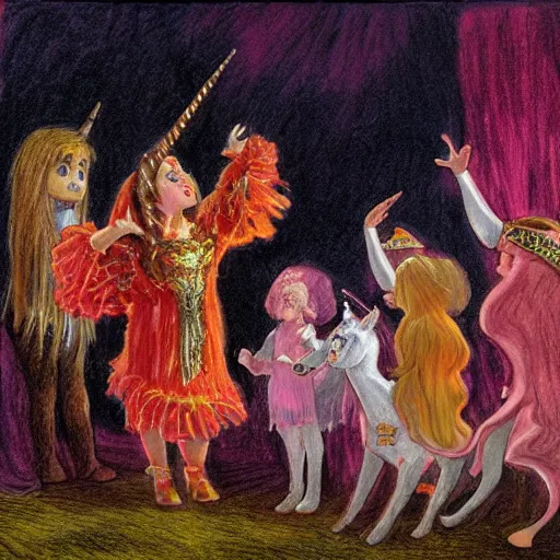 The drawing features a pantomime unicorn onstage, | Stable Diffusion ...