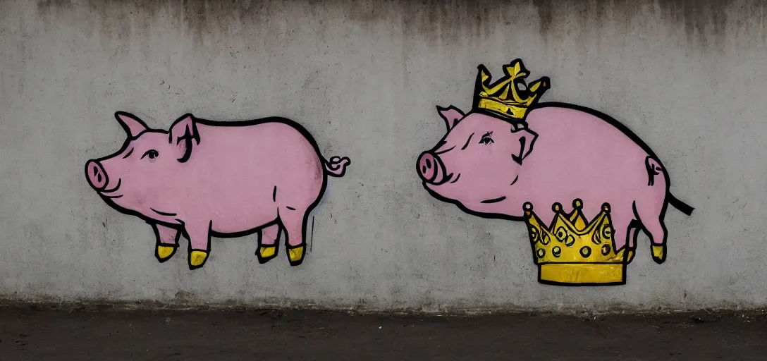 a graffiti of a pig wearing a gold crown, depth of | Stable Diffusion