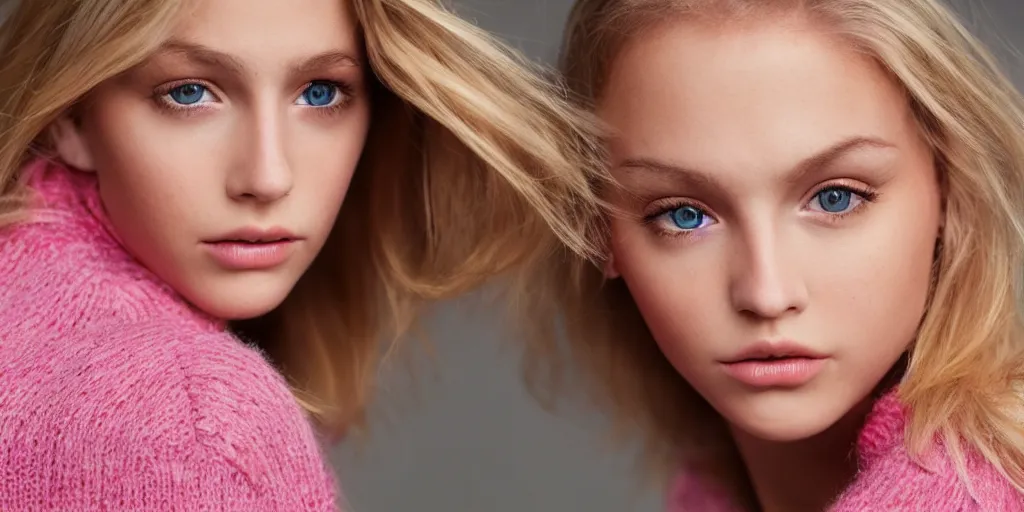 young blonde female model wearing pink sweater, | Stable Diffusion ...