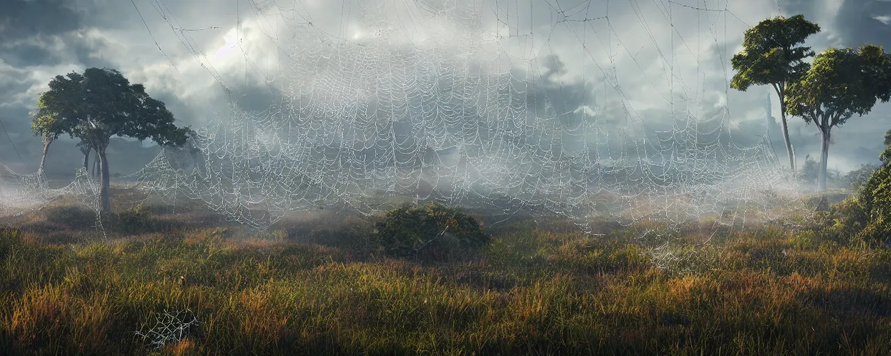 otherwordly landscape covered in spiderweb, [ | Stable Diffusion | OpenArt