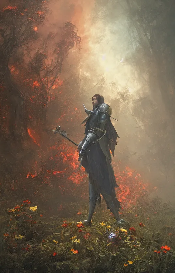full body image of a knight among flowers in dark | Stable Diffusion ...