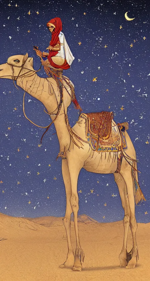 an arabian merchant rides her camel in the desert at | Stable Diffusion ...