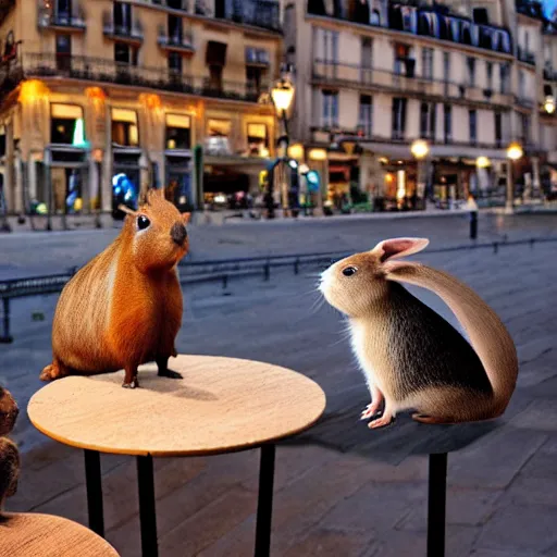 a guinea pig, a capybara, and a rabbit are sitting at | Stable Diffusion