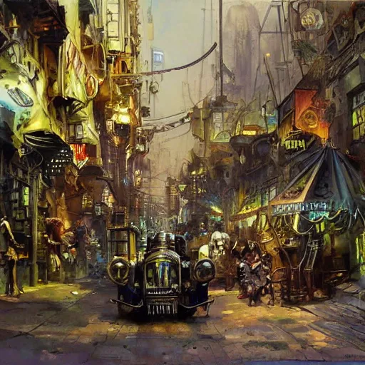 people a street in steampunk new crobuzon by tom | Stable Diffusion