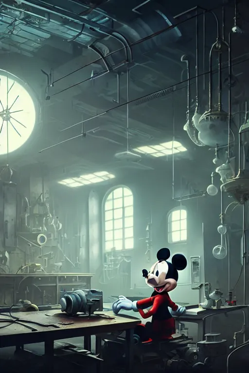 mechanics operating mickey mouse in abandoned science | Stable Diffusion