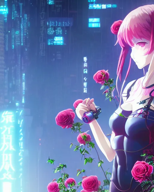 cyborg girl in cyberpunk rose garden, contemplation, | Stable Diffusion