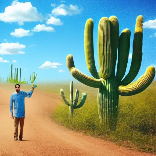 a very thirsty man on a dusty road, fantastical cacti, | Stable Diffusion