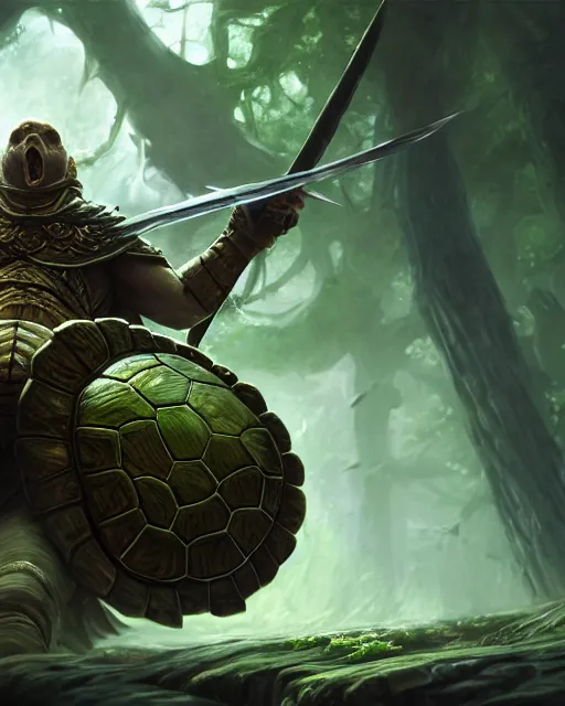 Turtle Warrior holding huge shield, forest background, | Stable Diffusion