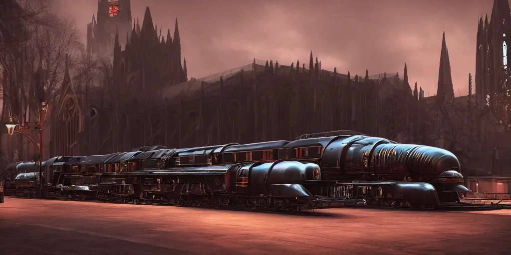 hybrid of streamline steel retro train and cathedral | Stable Diffusion