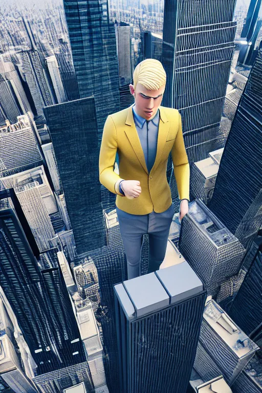 blond man larger than skyscrapers walks around the | Stable Diffusion ...