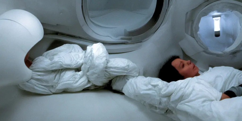 a wide shot of Ripley sleeping inside an all-white | Stable Diffusion ...