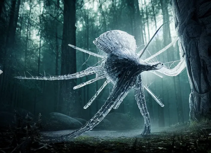 knight fights off a giant white crystal clear spider | Stable Diffusion ...