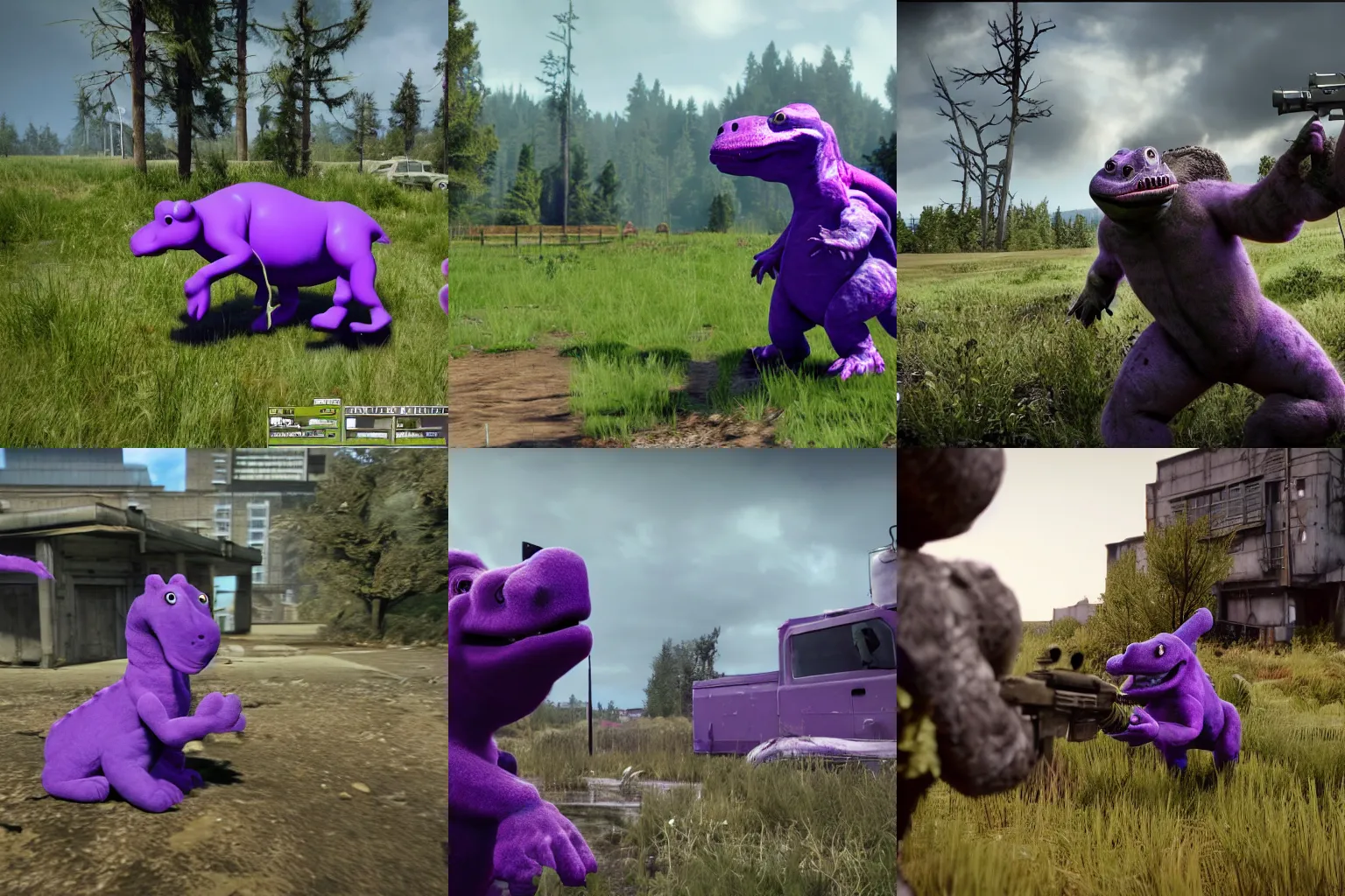 hunting barney the purple dinosaur rendered as escape | Stable Diffusion