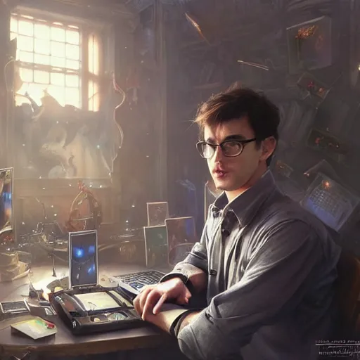 an IT guy who is a nerd, surrounded by Computers, D&D, | Stable Diffusion | OpenArt