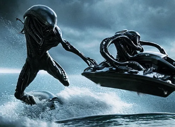 film still of alien!! xenomorph!! jet skiing in the | Stable Diffusion ...