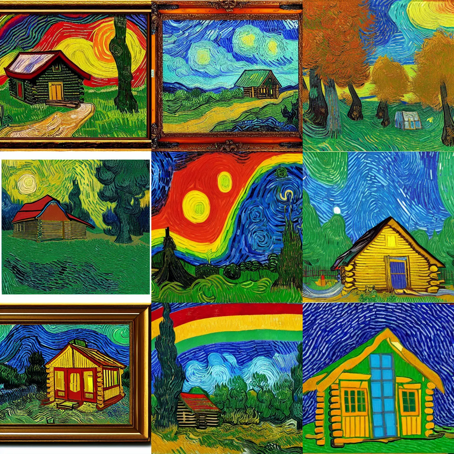 [ a log cabin in the forest ] [ van gogh ] [ rainbow ] | Stable Diffusion | OpenArt