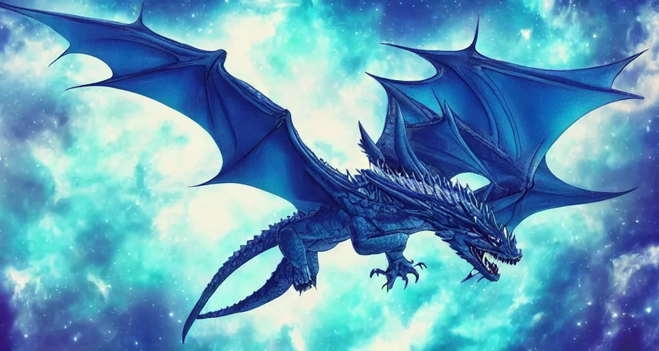 single large blue dragon flying through nebula, 8k, in | Stable Diffusion