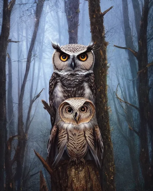a mystical owl!! standing in branch a forest! large | Stable Diffusion | OpenArt