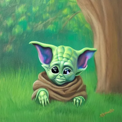 painting of a cute baby yoda in the woods hiding | Stable Diffusion ...